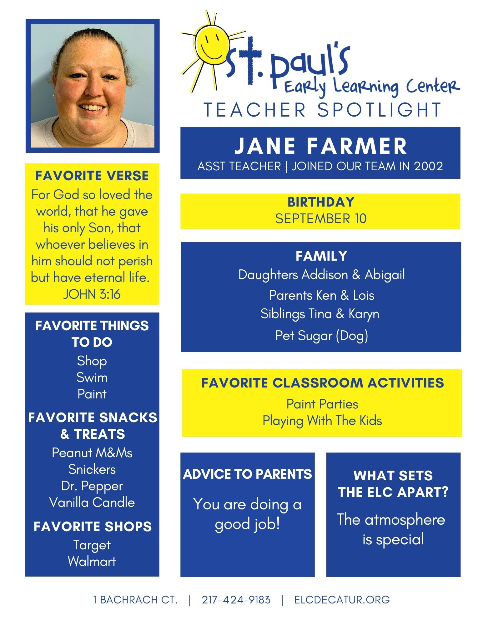 Teacher Spotlight: Jane Farmer | Early Learning Center - Decatur, IL